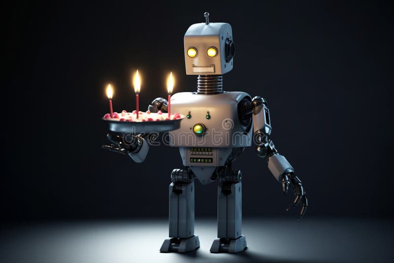 Small Retro Robot with Cake and Lit Candles. Generative AI Stock ...