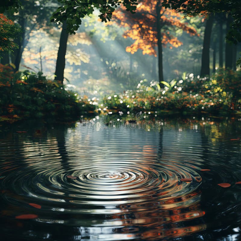 A Small Ripple in a Pond with Leaves Floating on the Surface Stock ...