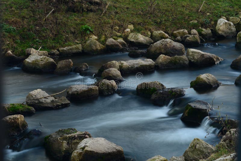 Small River Floating Water with Stone and Grass Long Shutter Stock ...