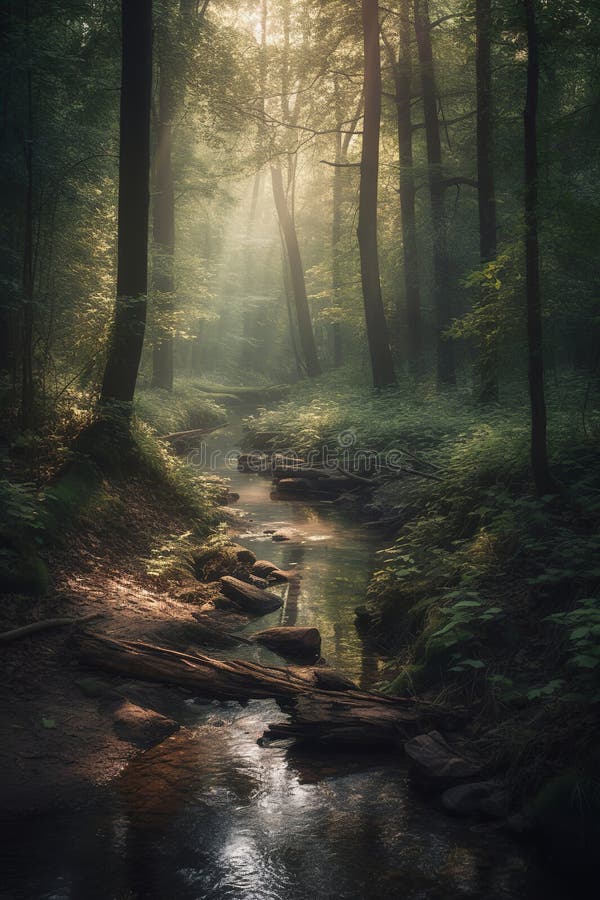 A Small River Flowing through the Forest, Forest Landscape, Generated ...