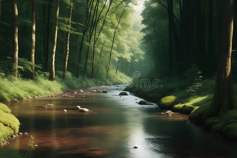 A Small River in the Forest. Horizontal Composition Stock Illustration ...