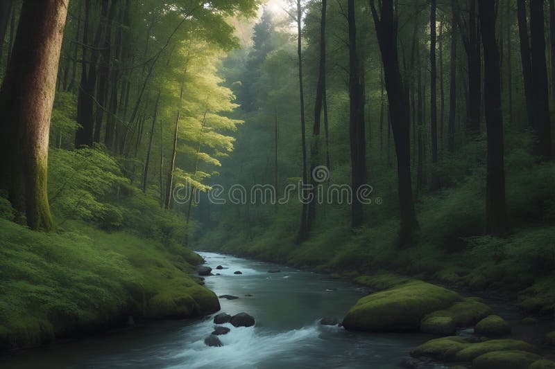 A Small River in the Forest. Horizontal Composition Stock Illustration ...