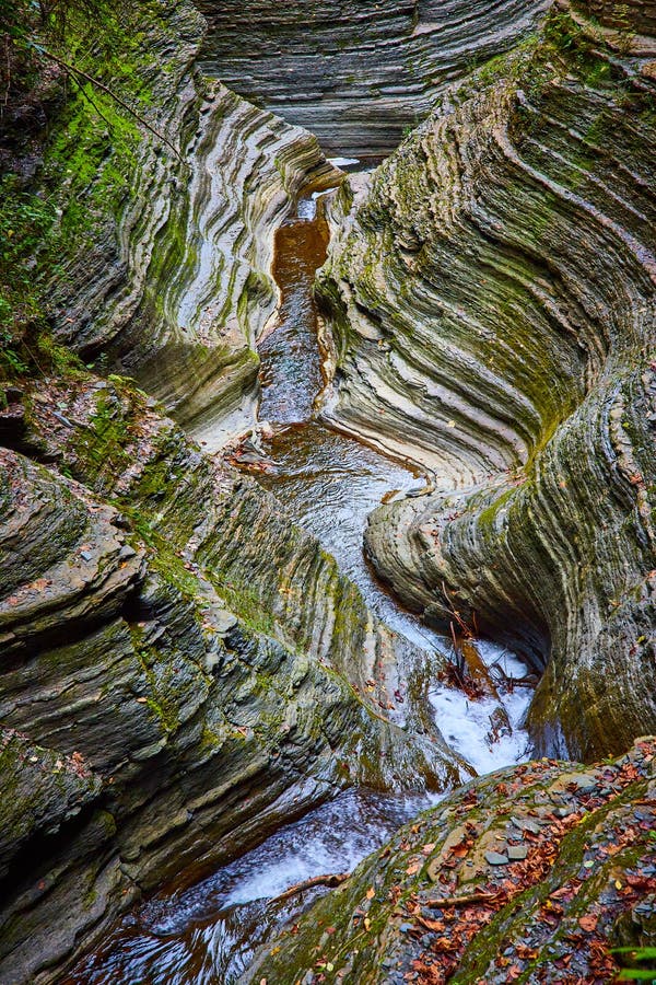 Small River through Gorge in Detail of Layered Rocks and Moss Stock ...