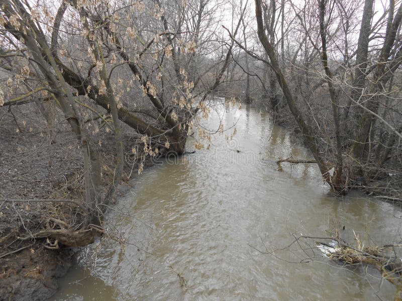 Small River with Muddy Water in Cloudy Spring Day. Stock Image - Image ...