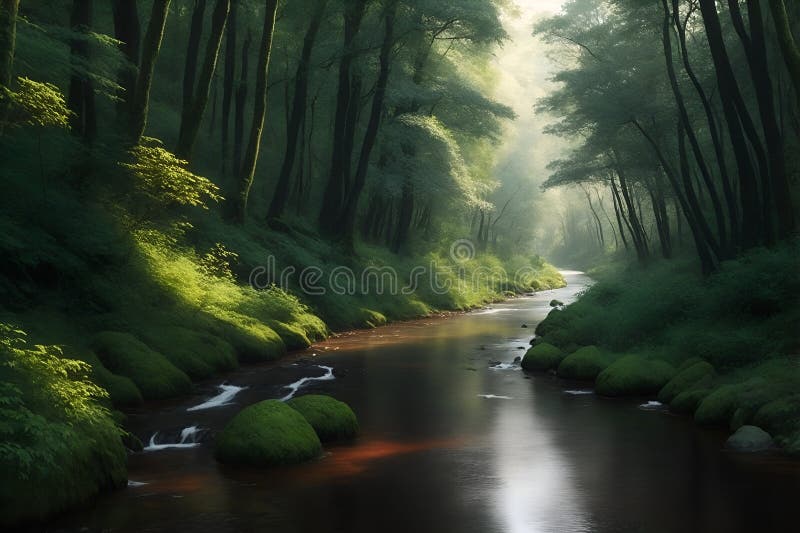 A Small River in the Forest. Horizontal Composition Stock Illustration ...