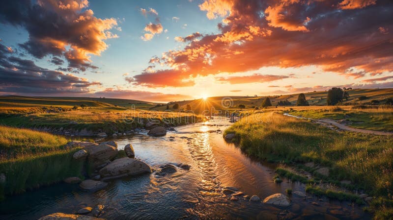 A Small River Surrounded by Grass and Rocks Under an Orange Sky Stock ...