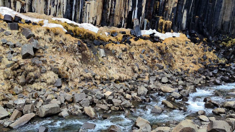 Small River Flowing in between Hexagonal Basalt Structures Stock ...