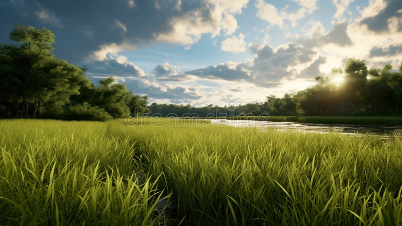 A Small Road Next To a River at Sunset, Grass Field Stock Illustration ...