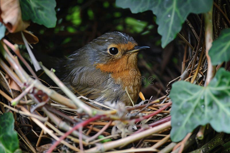 Small Robin bird in nest stock illustration. Illustration of feather ...