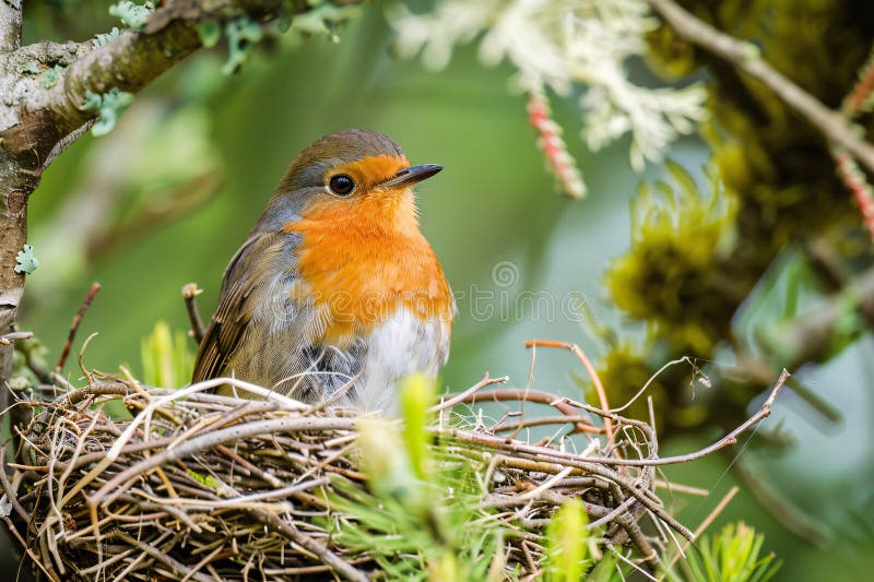 Small Wild Robin Bird Sitting in Nest Stock Illustration - Illustration ...