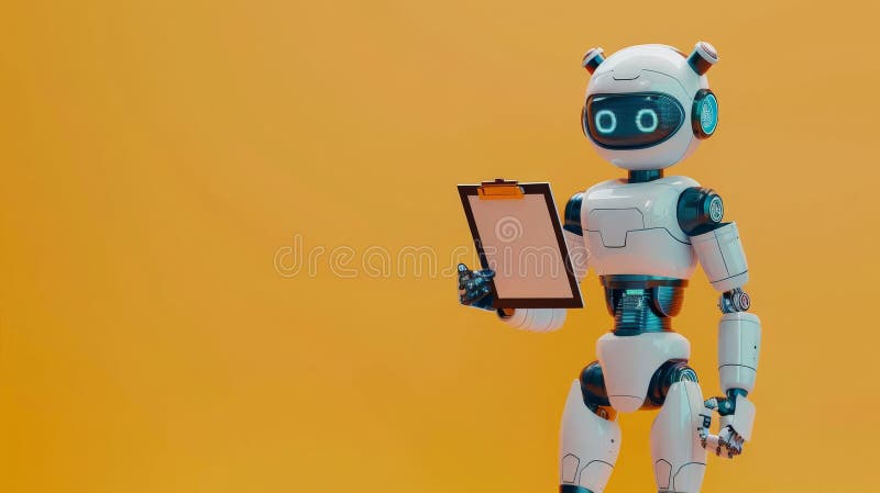 Small Robot Holding a Clipboard Against a Yellow Background. Concept of ...