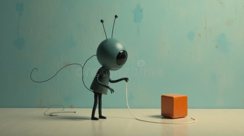 A Small Robot-like Figure Pulls a String Attached To a Cube. the Scene ...