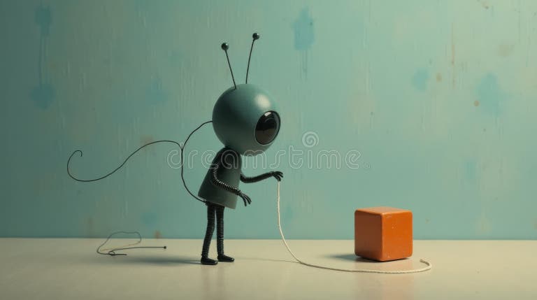A Small Robot-like Figure Pulls a String Attached To a Cube. the Scene ...