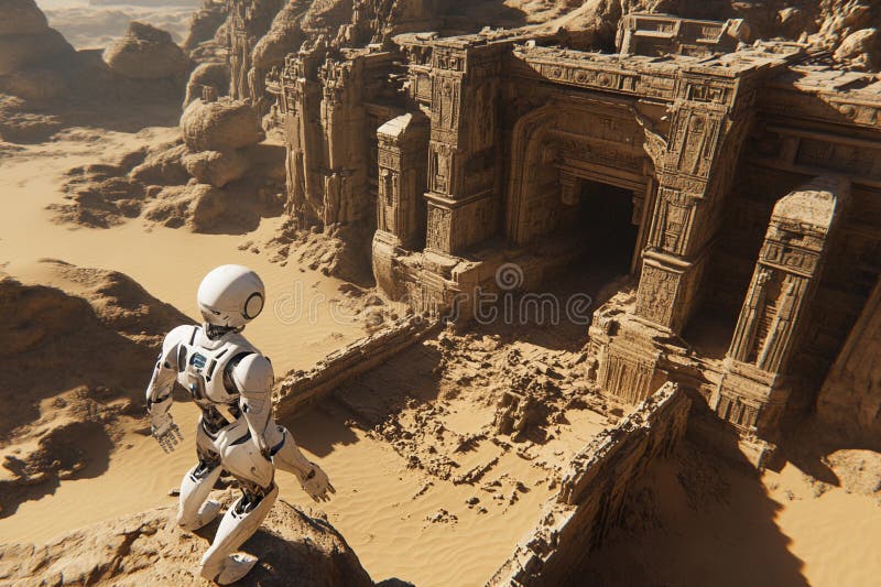 Robot Explores Ancient Ruins on a Distant Planet Under a Starry Sky ...