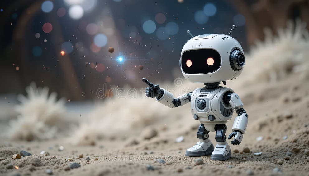 Small Robot Pointing in Sandy Environment with Glowing Particles Stock ...