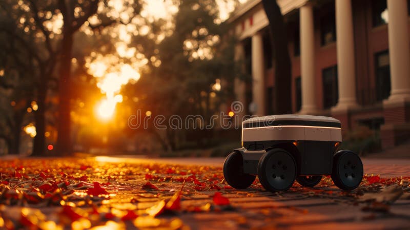 A Small Robot Sitting On The Ground In Front Of A Building Ai Stock