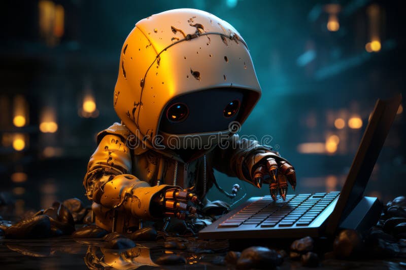 A Small Robot Sitting at the Keyboard with the Blue Light. AI Generated ...