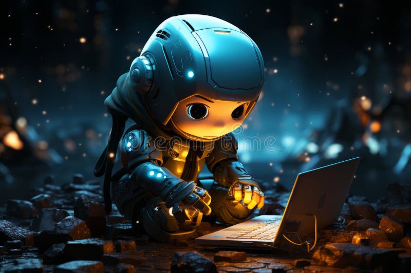A Small Robot Sitting at the Keyboard with the Blue Light. AI Generated ...