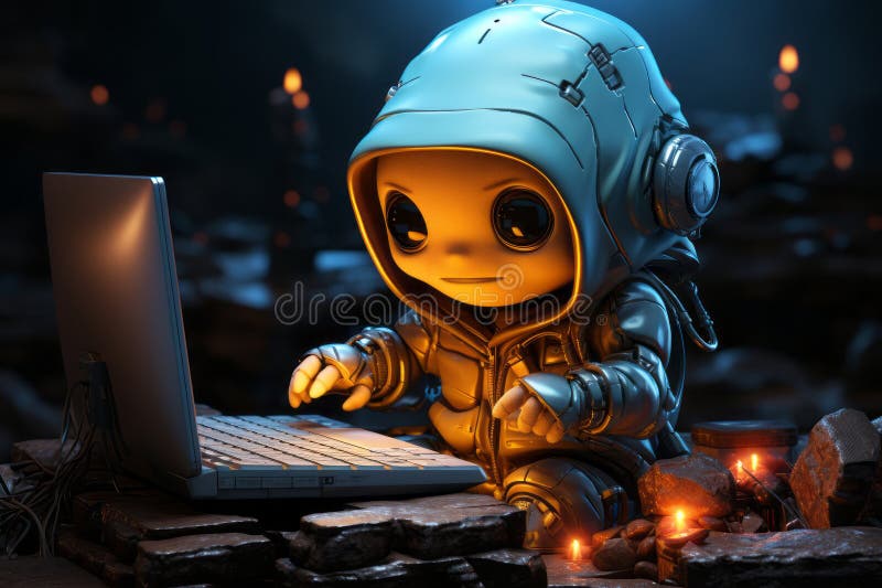 A Small Robot Sitting at the Keyboard with the Blue Light. AI Generated ...