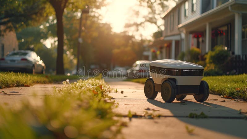 A Small Delivery Robot is Sitting on the Sidewalk in Front of a House ...