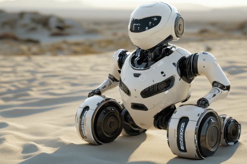 Robot Exploring a Sandy Landscape during a Bright Sunny Day in a ...