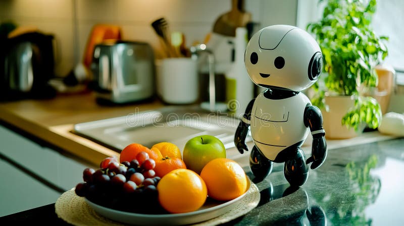 A Small Robot Standing on a Kitchen Counter Next To a Plate of Fruit ...