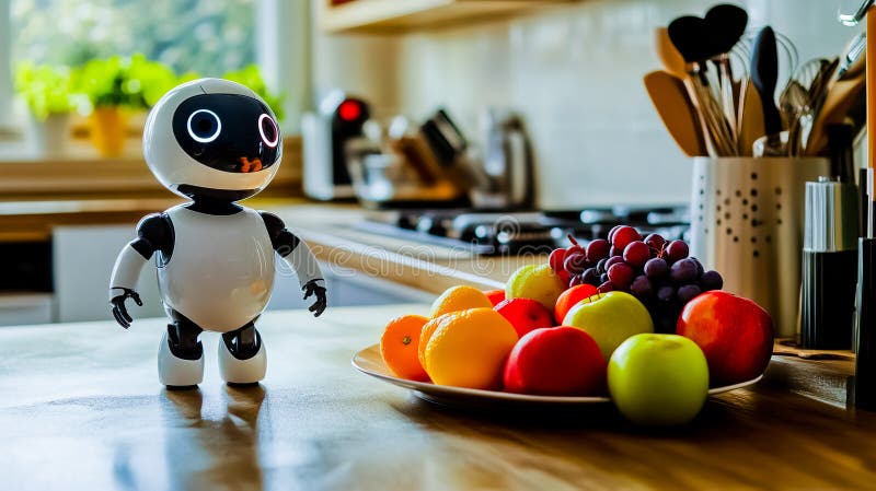 A Small Robot Standing on a Kitchen Counter Next To a Plate of Fruit ...