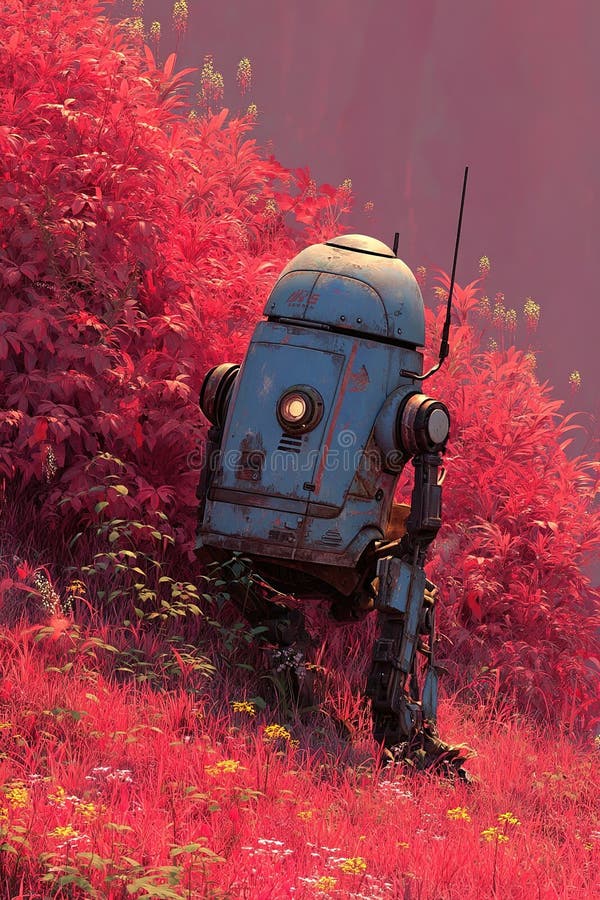 Small Robot Stands Amidst Vibrant Red Foliage on a Hillside Stock ...