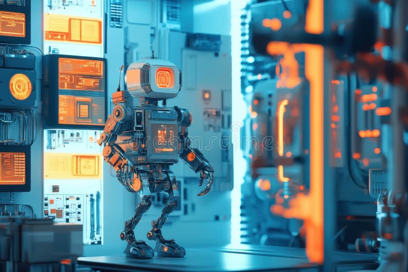 Robotic Entity in a Futuristic Laboratory Surrounded by Glowing Screens ...