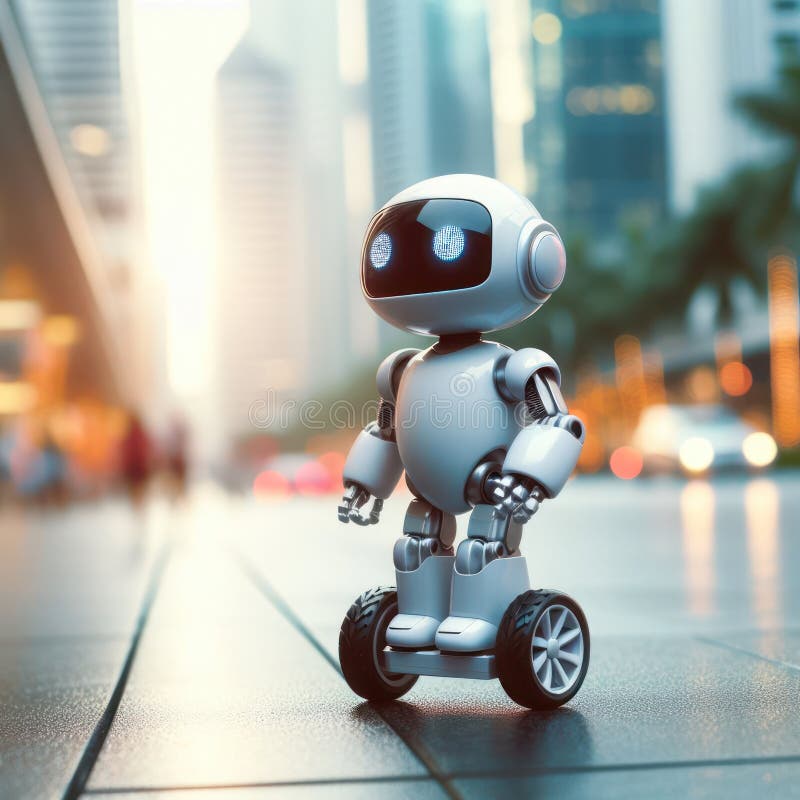 A Small Robot on Wheels on the Street of a Big City. Stock Illustration ...