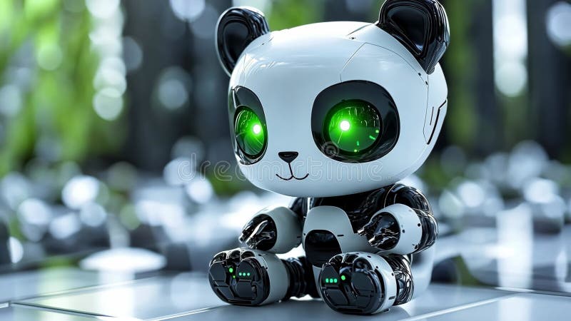 A Small Robotic Panda with Glowing Green Eyes Sitting on a Clean Stock ...