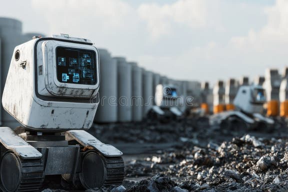 Robots Exploring a Futuristic Industrial Site Surrounded by Debris and ...