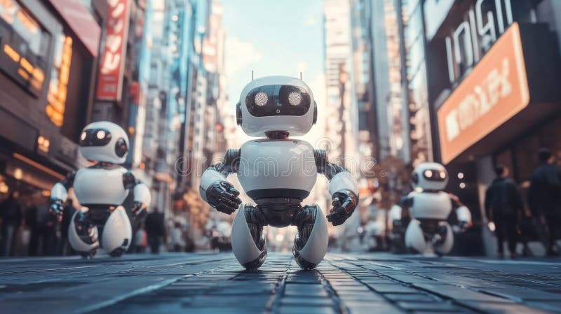 Small Robots Walking in a City Street Stock Illustration - Illustration ...