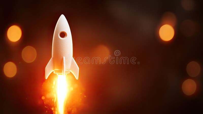 Small Rocket Launching with Bright Flames Against Dark Background Stock ...