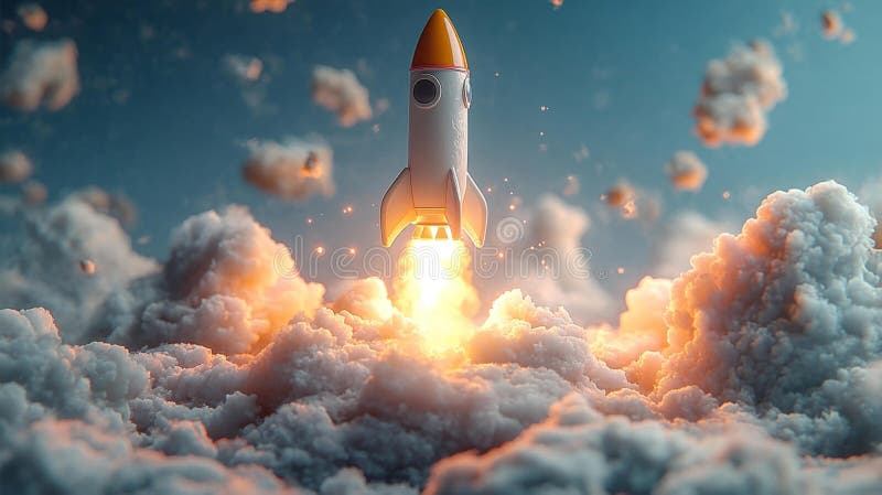 Small Rocket Ship with Yellow Flame Lifting Off from Clouds in Space ...