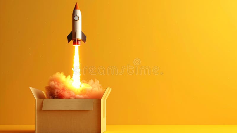 Small Rocket Shooting Up from a Cardboard Box, Set on a Solid Yellow ...