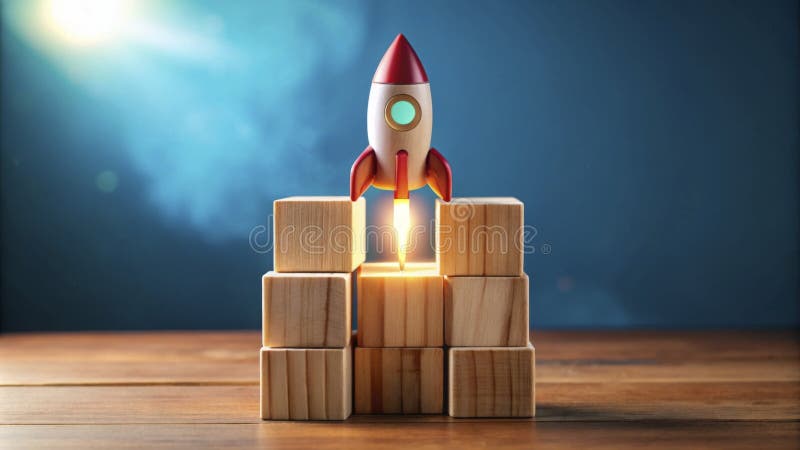 A Small Rocket Taking Off from a Stack of Wooden Blocks Stock ...