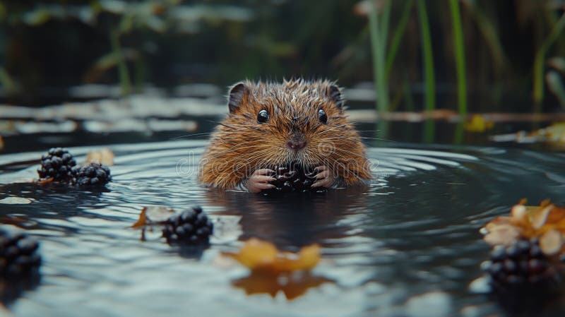 Small Rodent Eating Berries in Pond Stock Illustration - Illustration ...