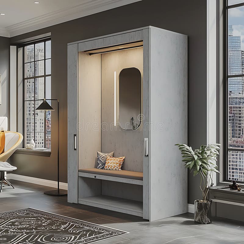 A Small Room with a Bench and a Mirror Stock Photo - Image of wardrobe ...
