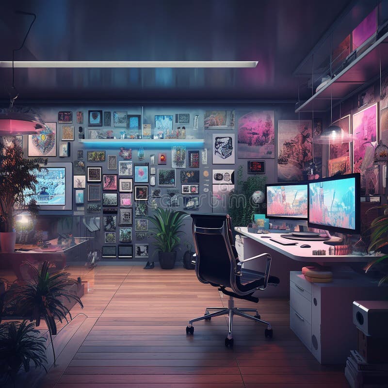 Small Room with a Computers and Monitors on the Table with Purple Led ...