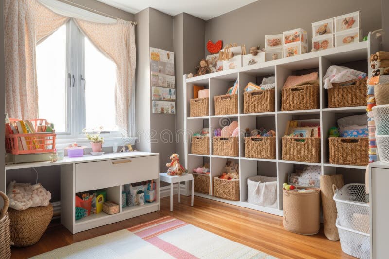 Small Room with Lots of Storage Solutions, Including Shelves, Baskets ...