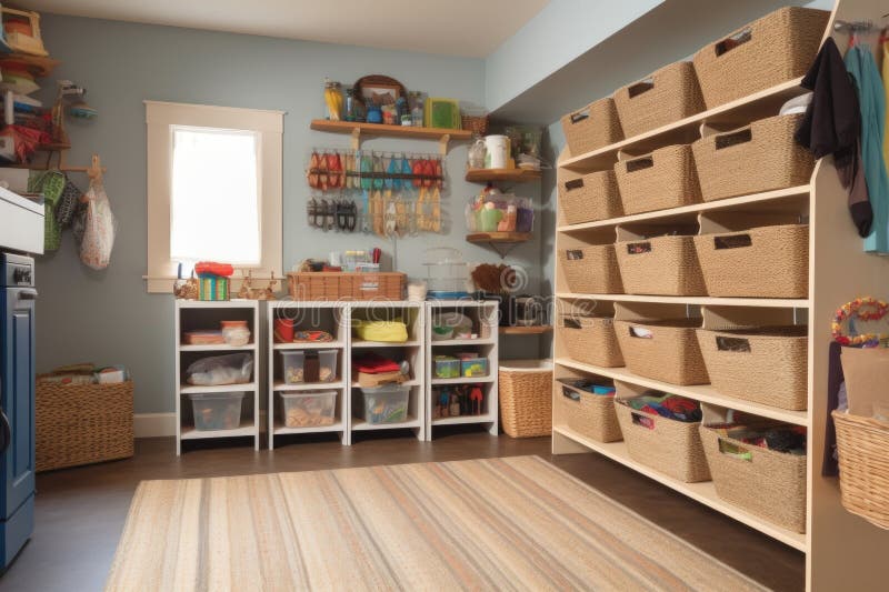 Small Room with Lots of Storage Solutions, Including Shelves, Baskets ...