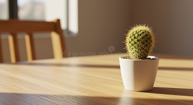 A Small, Round Cactus with Spines Sits in a White Ceramic Pot on a ...