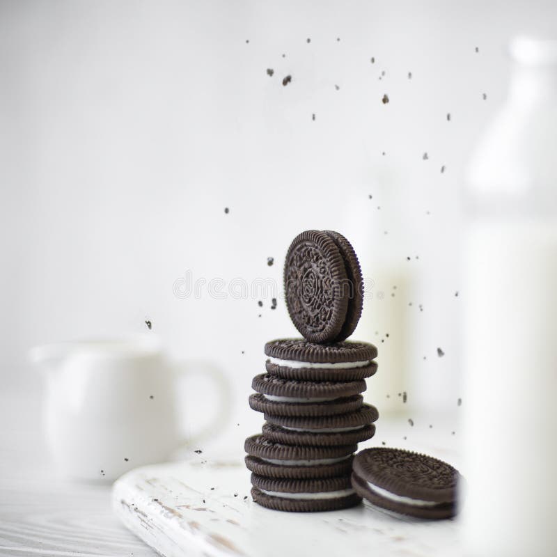 Small Round Chocolate Chip Cookies with Milk Editorial Stock Photo ...