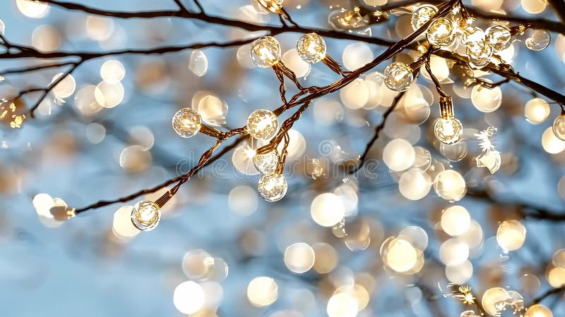 String Lights Hanging on Bare Winter Branches, Creating Soft Bokeh ...