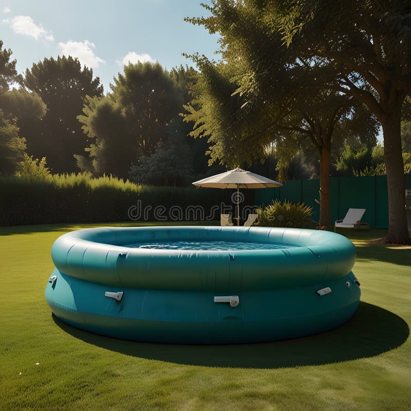 Small Round Inflatable Swimming Pool in a Green Grassy Backyard Setting ...