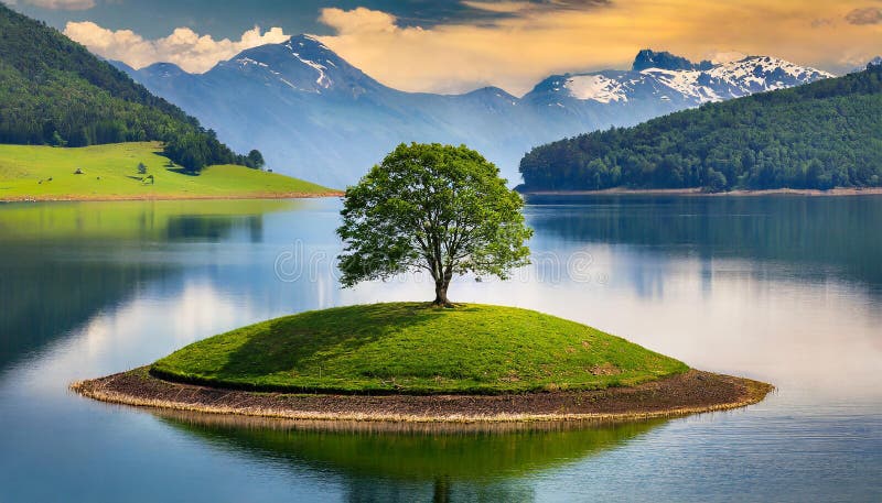 Small Round Island with Single Tree in the Middle of a Calm and Still ...