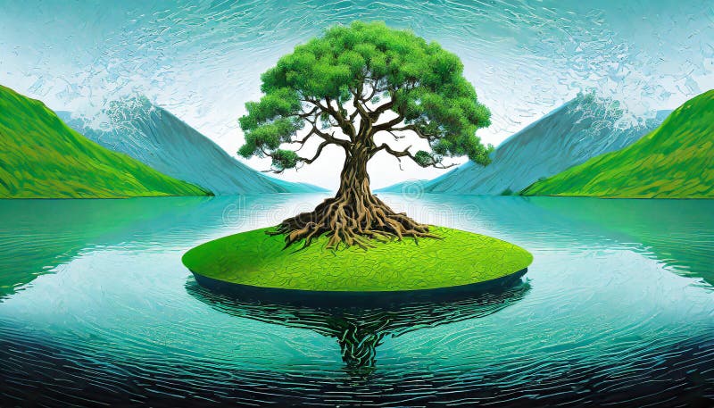Small Round Island with Single Tree in the Middle of a Calm and Still ...