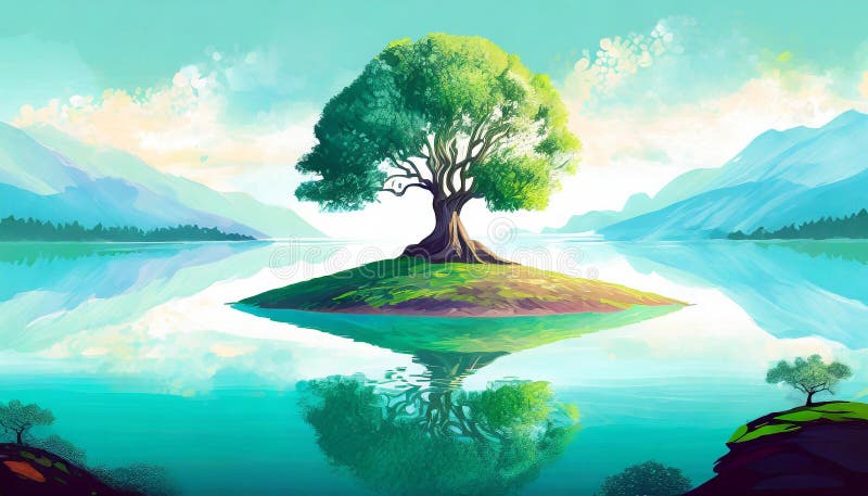Small Round Island with Single Tree in the Middle of a Calm and Still ...