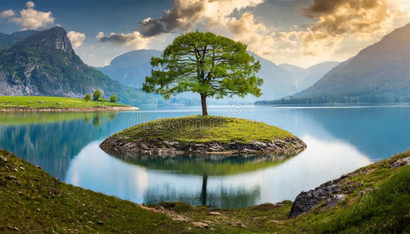 Small Round Island with Single Tree in the Middle of a Calm and Still ...